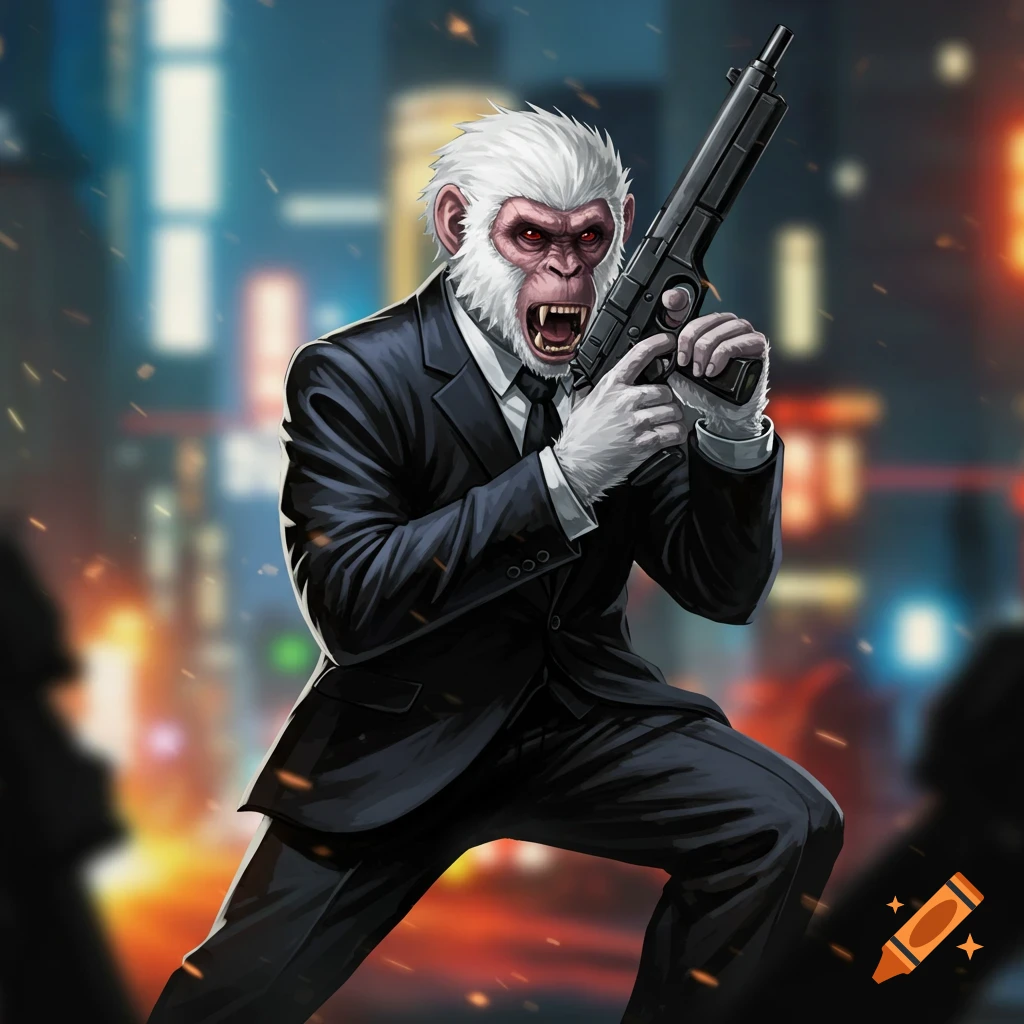 Hit-Monkey in a suit posing with a gun, comic art style on Craiyon