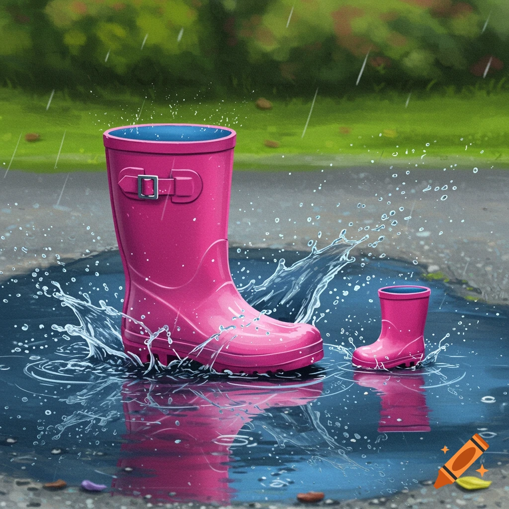 Matching rainboots splashing in puddles on Craiyon