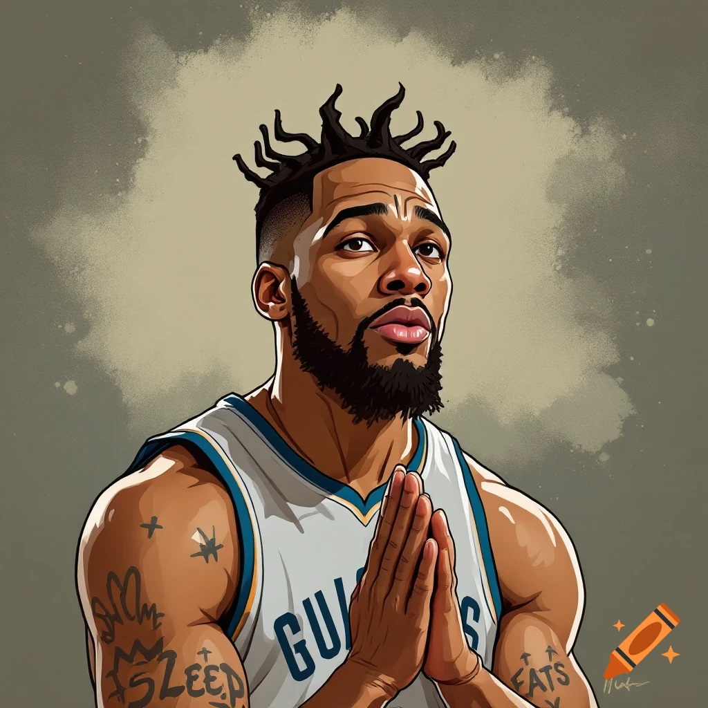 Cartoon portrait of a basketball player with tattoos and praying hands ...