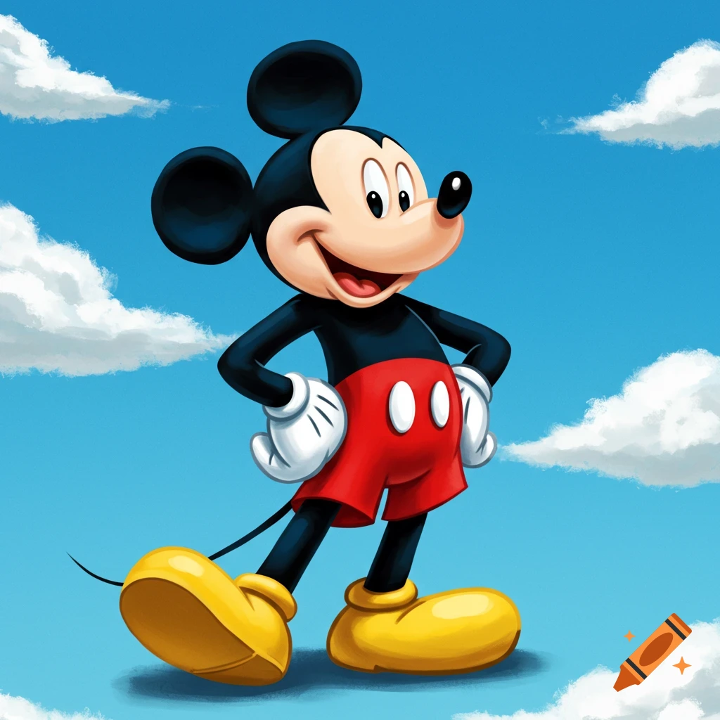 Mickey Mouse standing with hands on hips against a cloudy blue sky. on ...