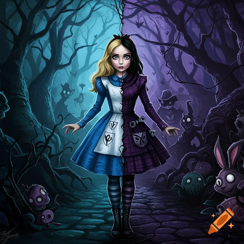 Alice split in half, standing in a forest split between bright and dark ...