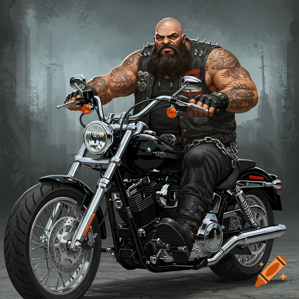 Tattooed biker on a black Harley Davidson on Craiyon