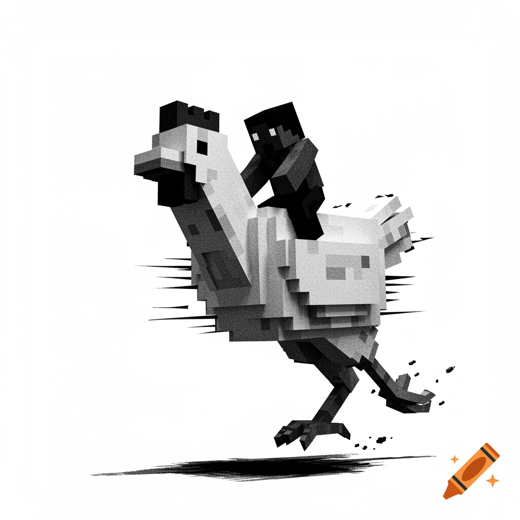 A black and white blocky figure rides a blocky chicken in a high ...