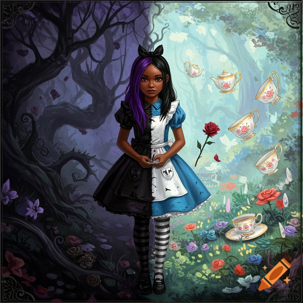A girl as Alice in Wonderland, split between a dark gothic forest and a bright whimsical garden ...