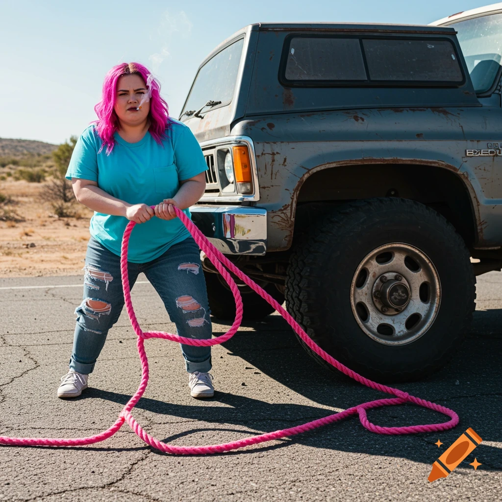 A woman holding down a truck with a pink rope while smoking on Craiyon