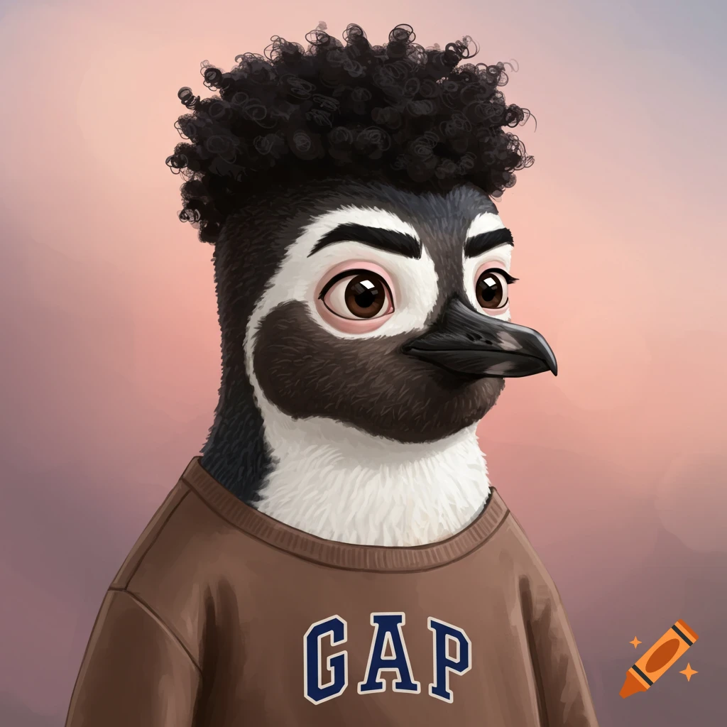 Penguin with human features, curly hair, eyebrows, sweater on Craiyon