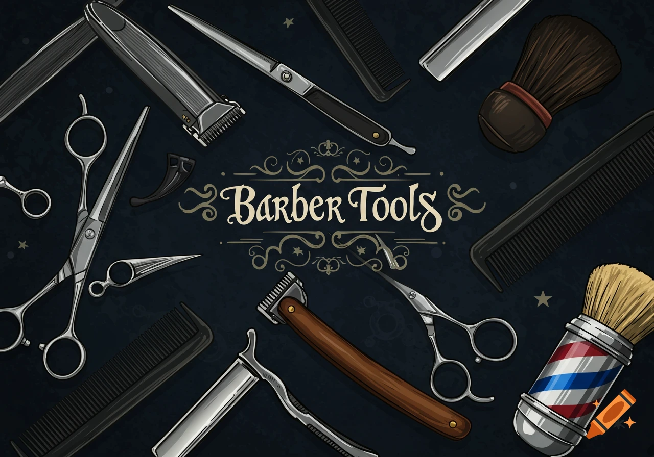 Barber tools including scissors, razors, combs, brush, and pole on Craiyon