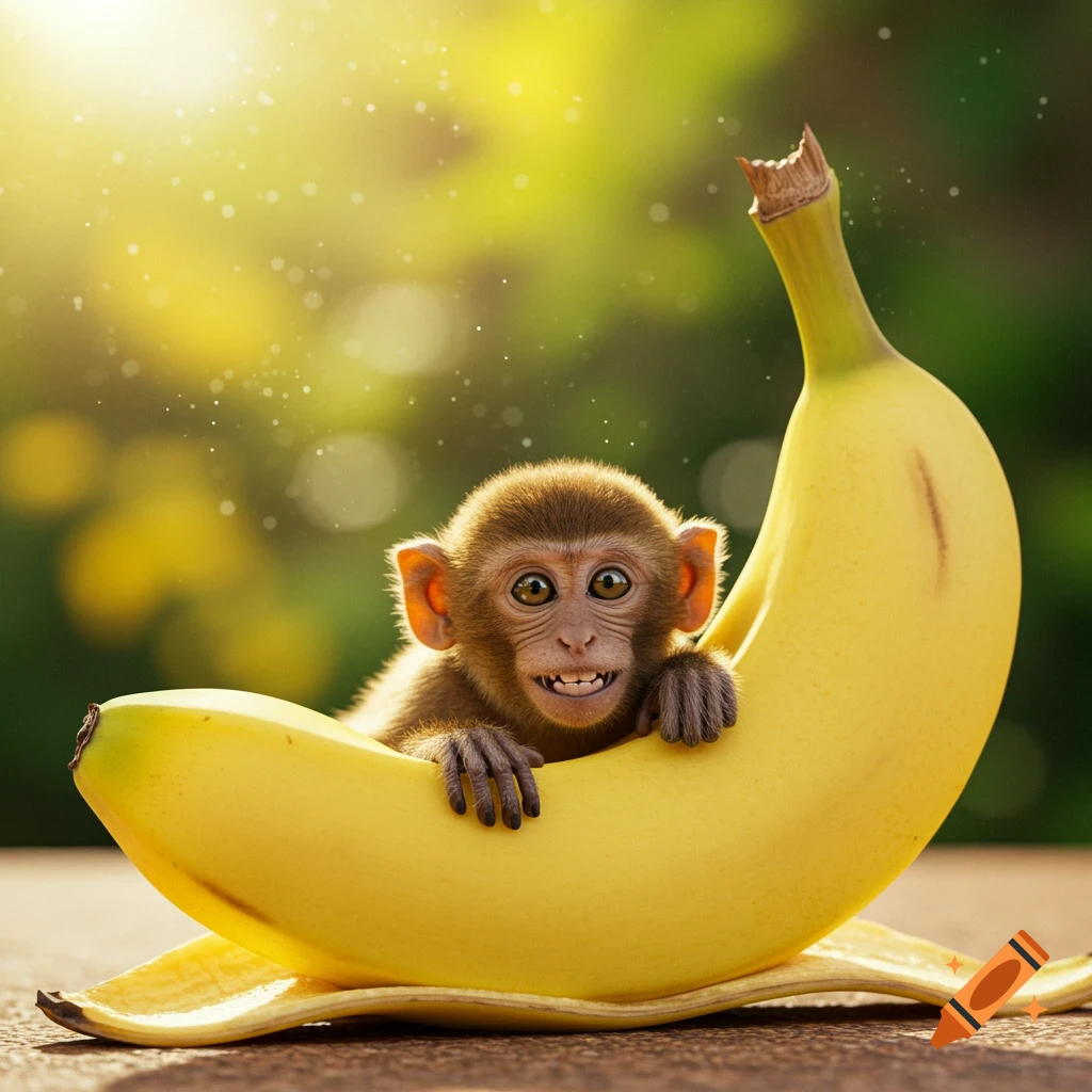 A cute baby monkey with wide eyes peeks out from a bright yellow banana ...