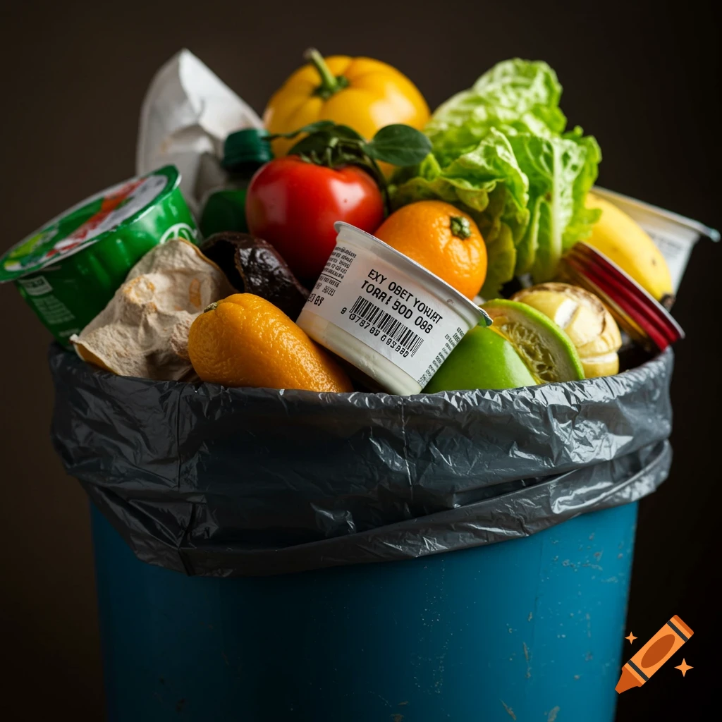 Photorealistic image of food waste including fruits, vegetables, and containers overflowing from ...