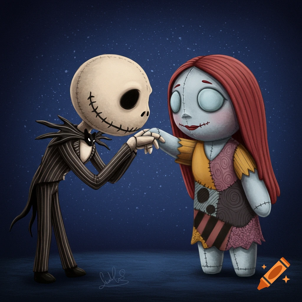 Wool plushie Jack Skellington bowing and kissing Sally's hand. on Craiyon