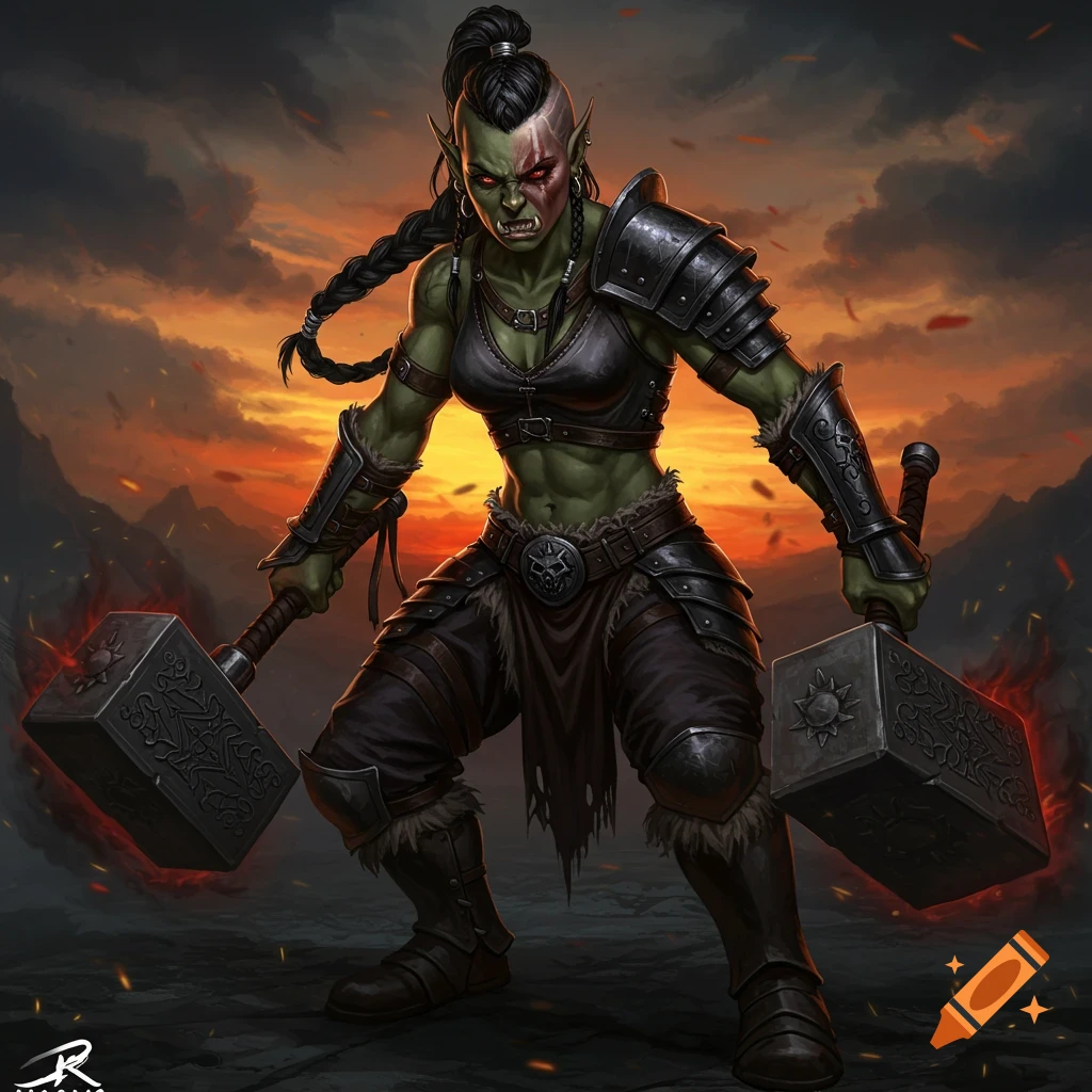 Half-orc female warrior with war hammers on Craiyon