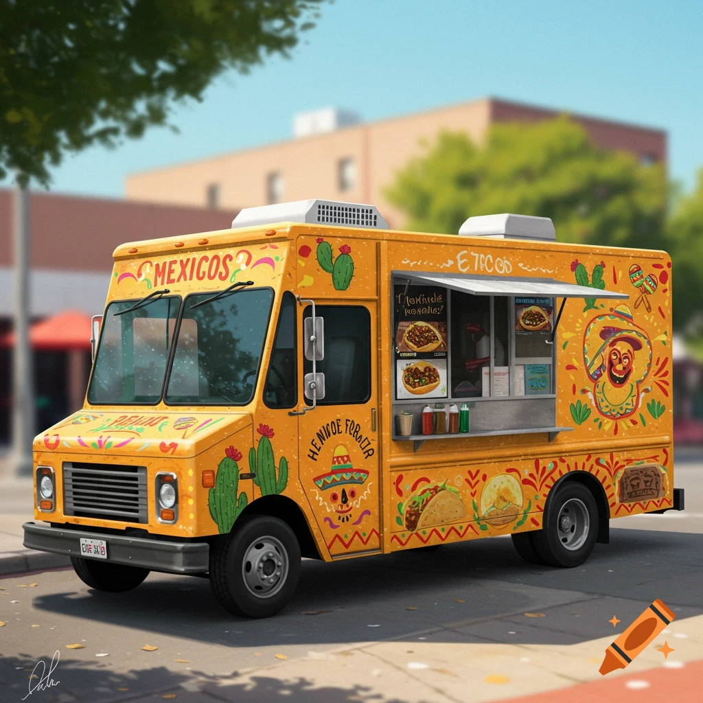 A brightly colored Mexican food truck with festive decorations. on Craiyon