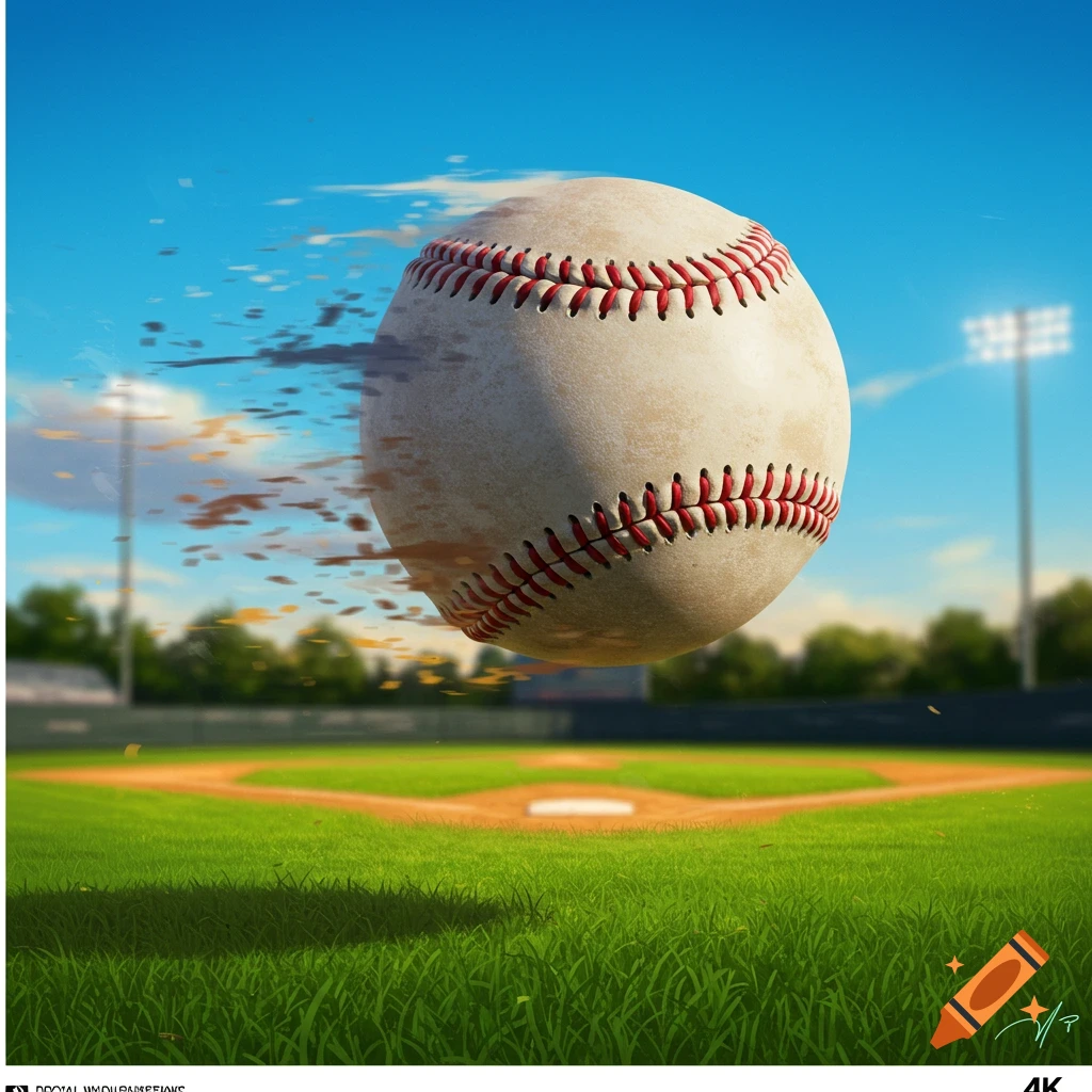 A photorealistic image of a baseball on a grass field in a large ...