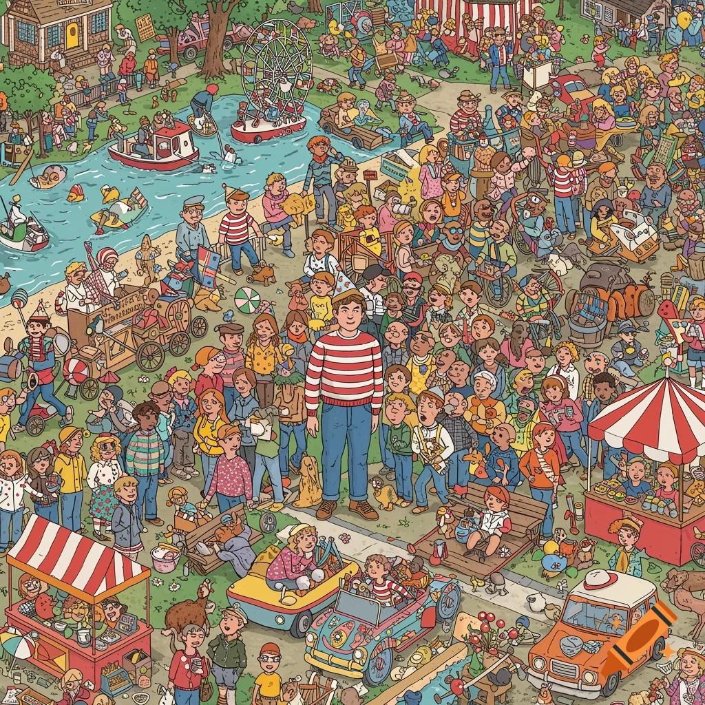 Man in Where's Waldo illustration style on Craiyon