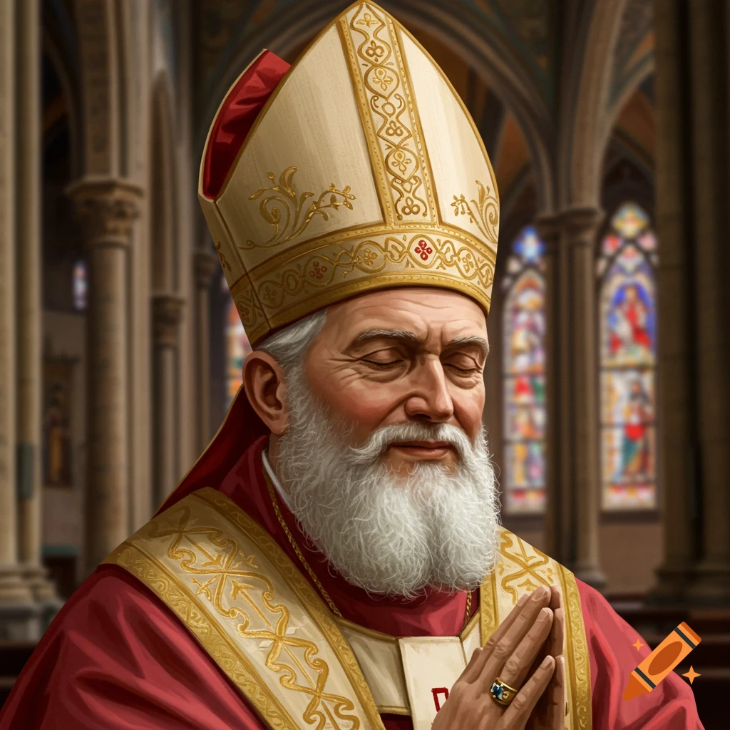 A Roman Catholic bishop praying in a church. on Craiyon