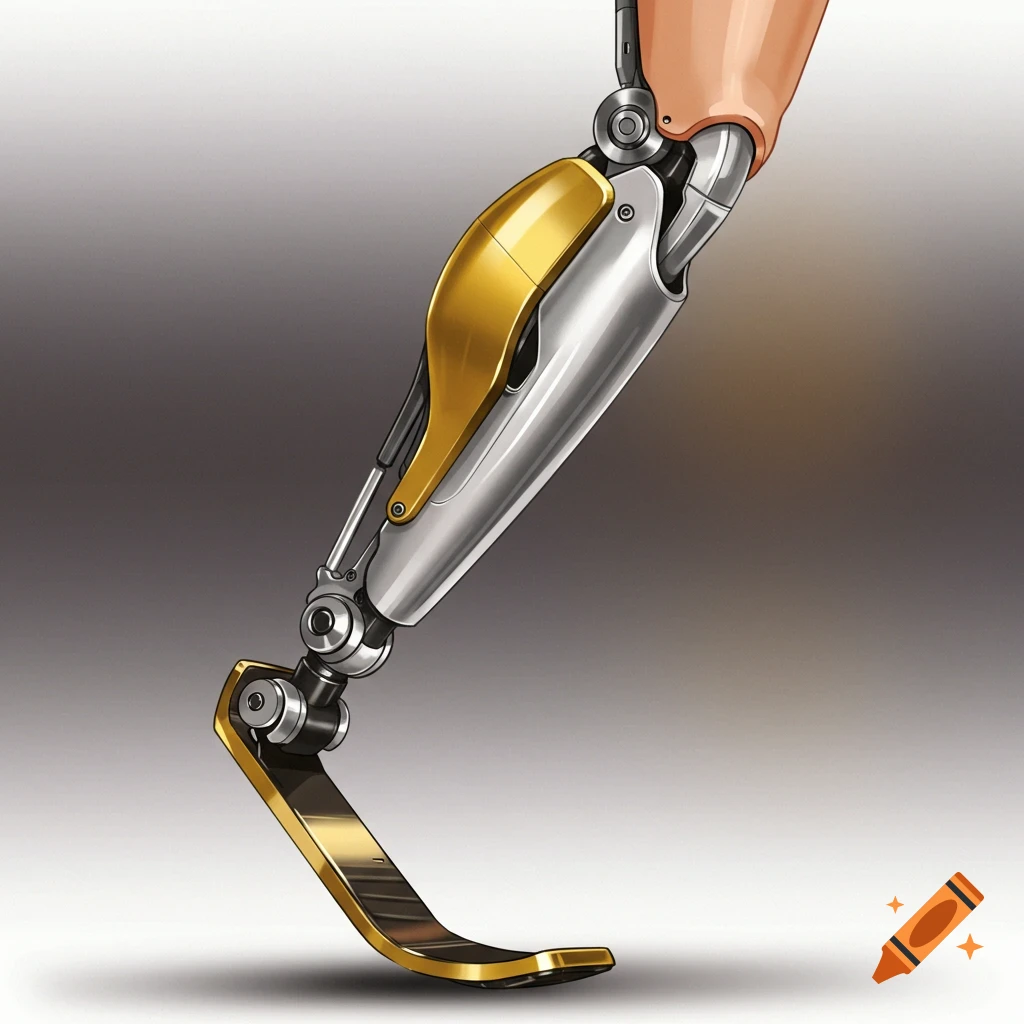 A metallic and gold runner's prosthetic leg. on Craiyon