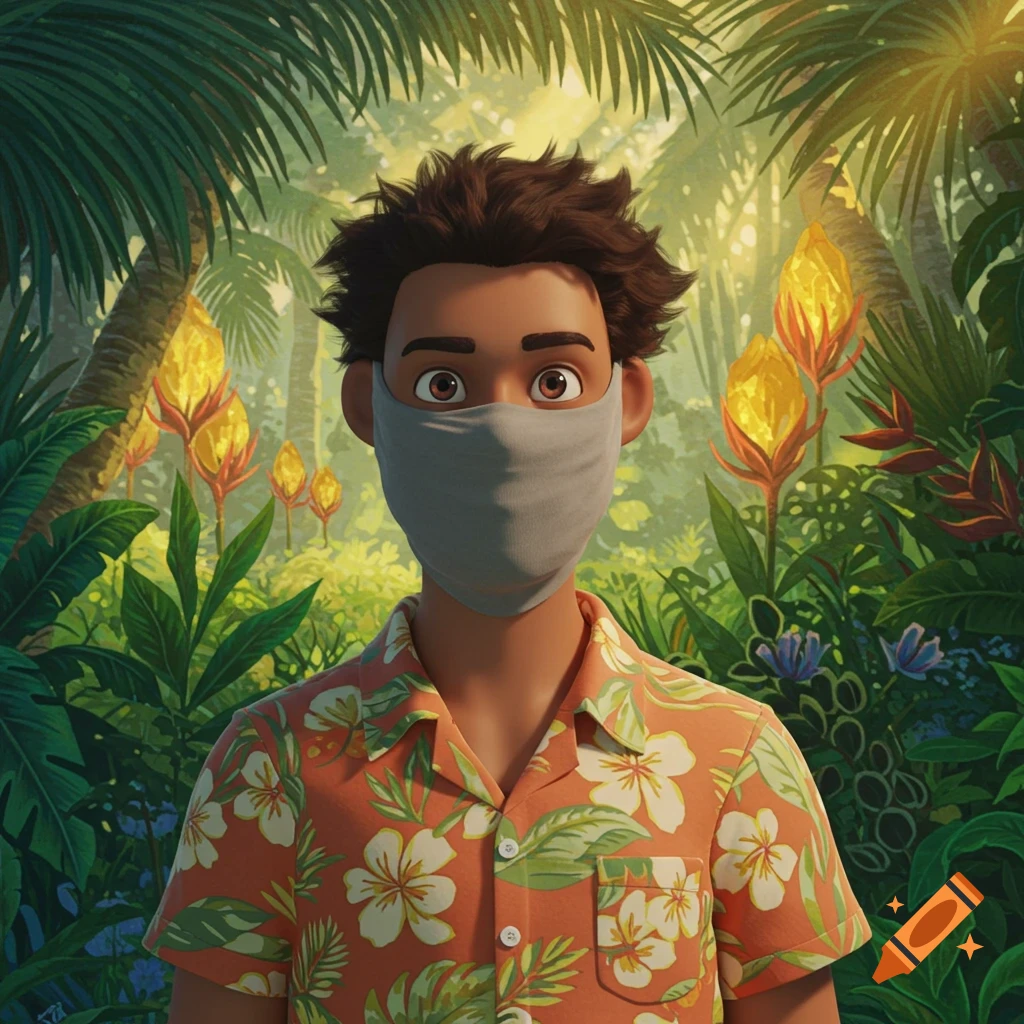 Ghibli-style tan guy in Hawaiian shirt with grey balaclava on Craiyon