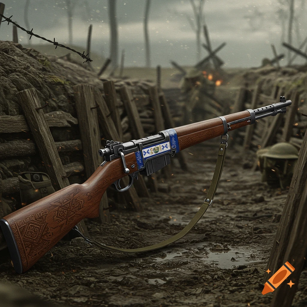 A customized rifle rests in a WW1 trench. on Craiyon