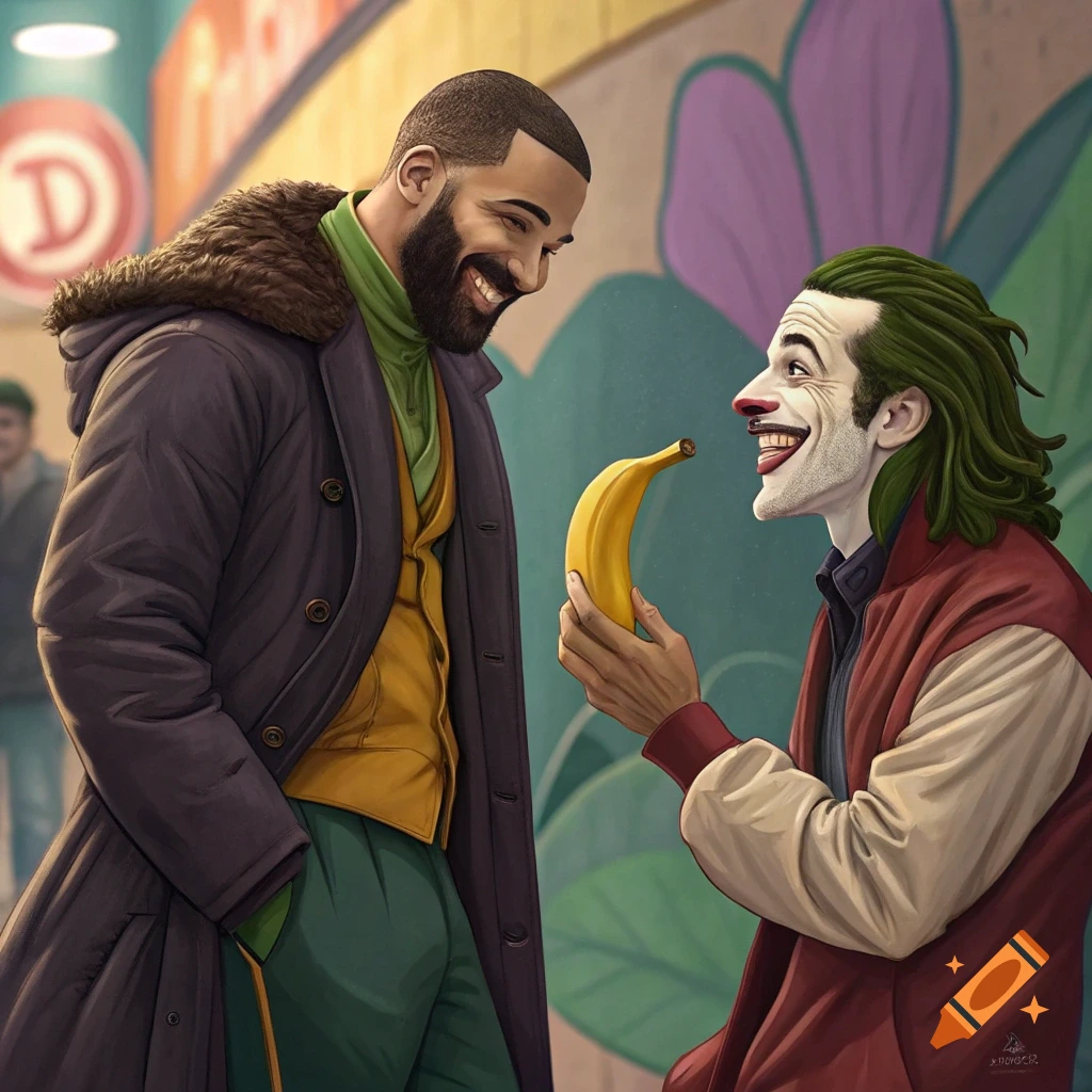 Drake and Joker smiling at each other, with Joker holding a banana ...
