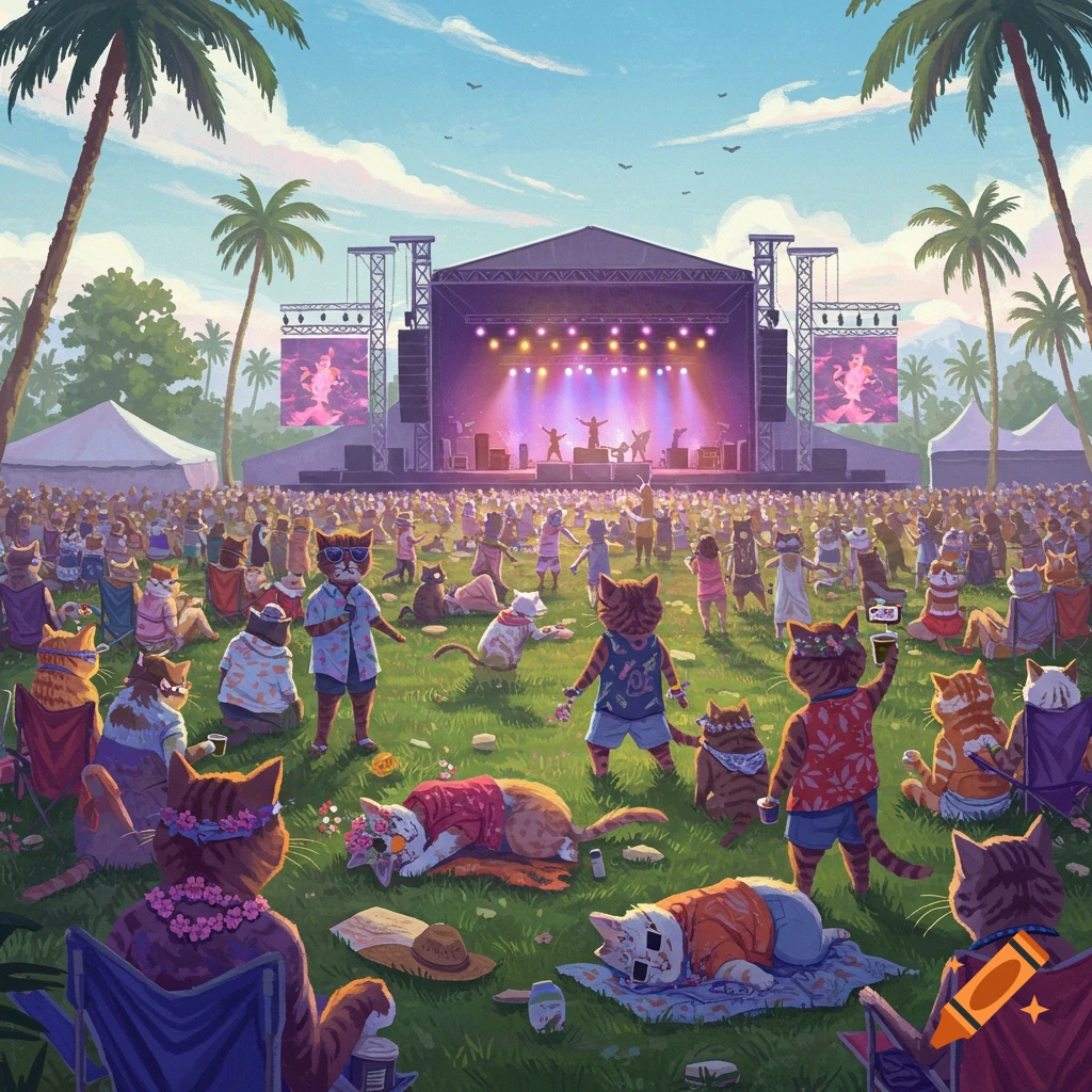 Anthropomorphic cats watching a concert at a tropical music festival ...