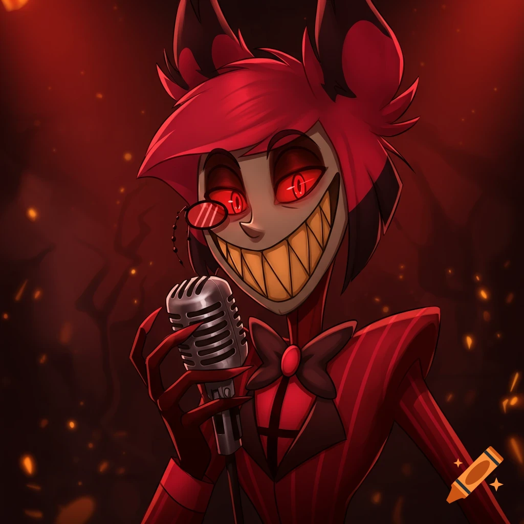 Alastor from Hazbin Hotel holding a microphone on Craiyon