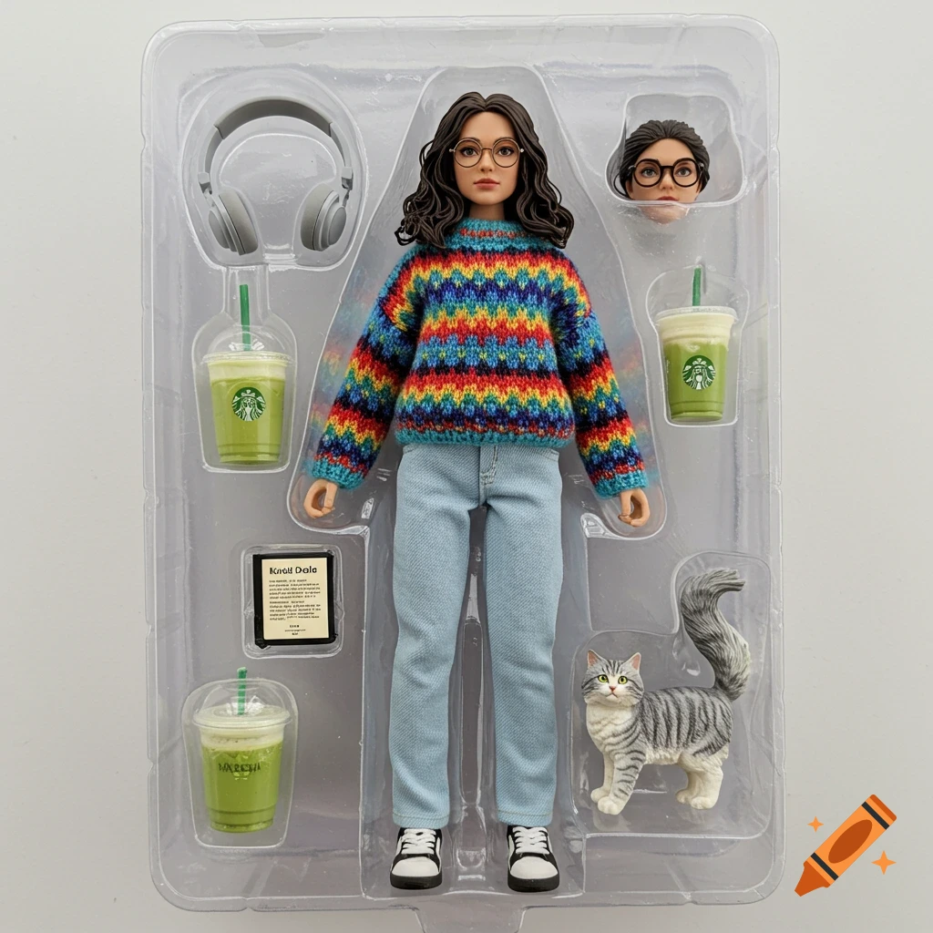 Photorealistic action figure of a 22-year-old woman in a blister pack ...