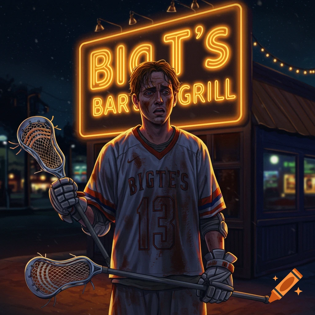 Drunk lacrosse player in front of Big T's bar and grill sign on Craiyon