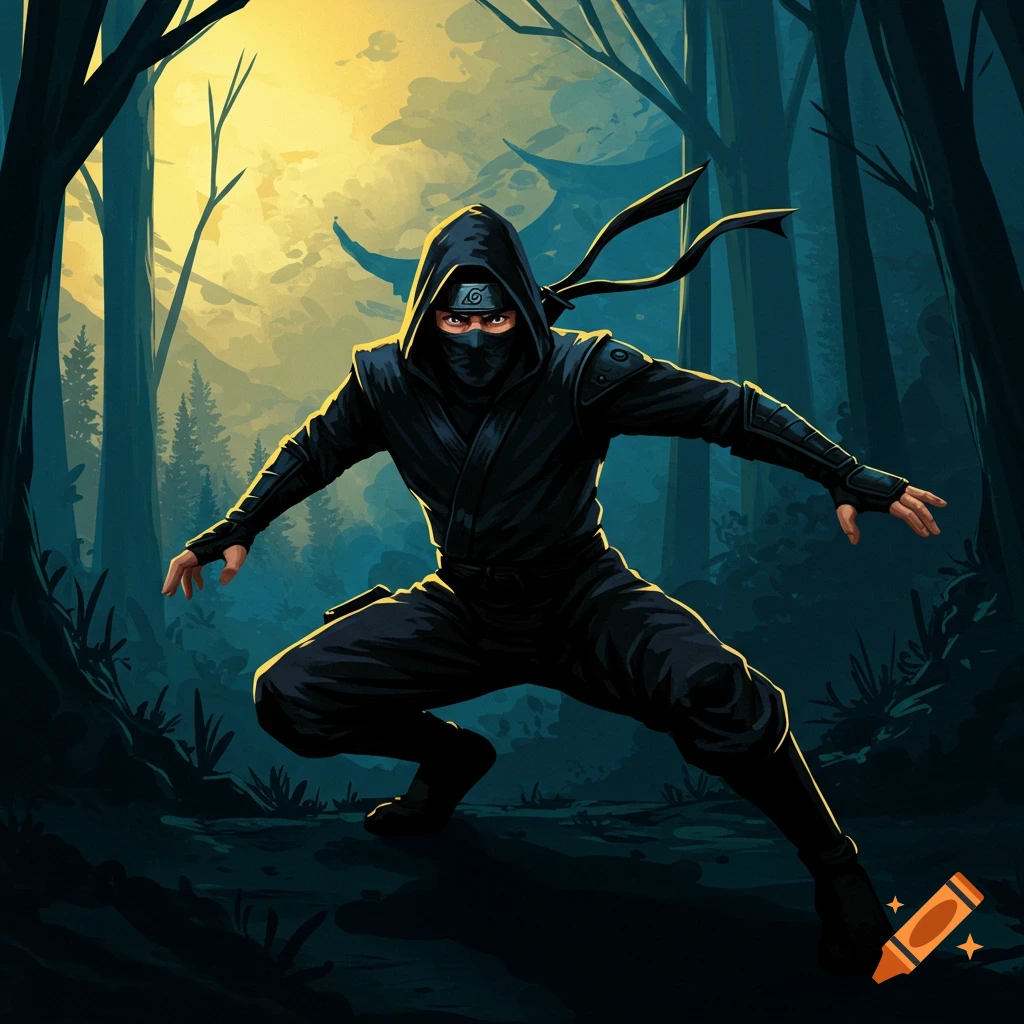 A ninja in a black suit and mask, crouching in a dark forest. on Craiyon
