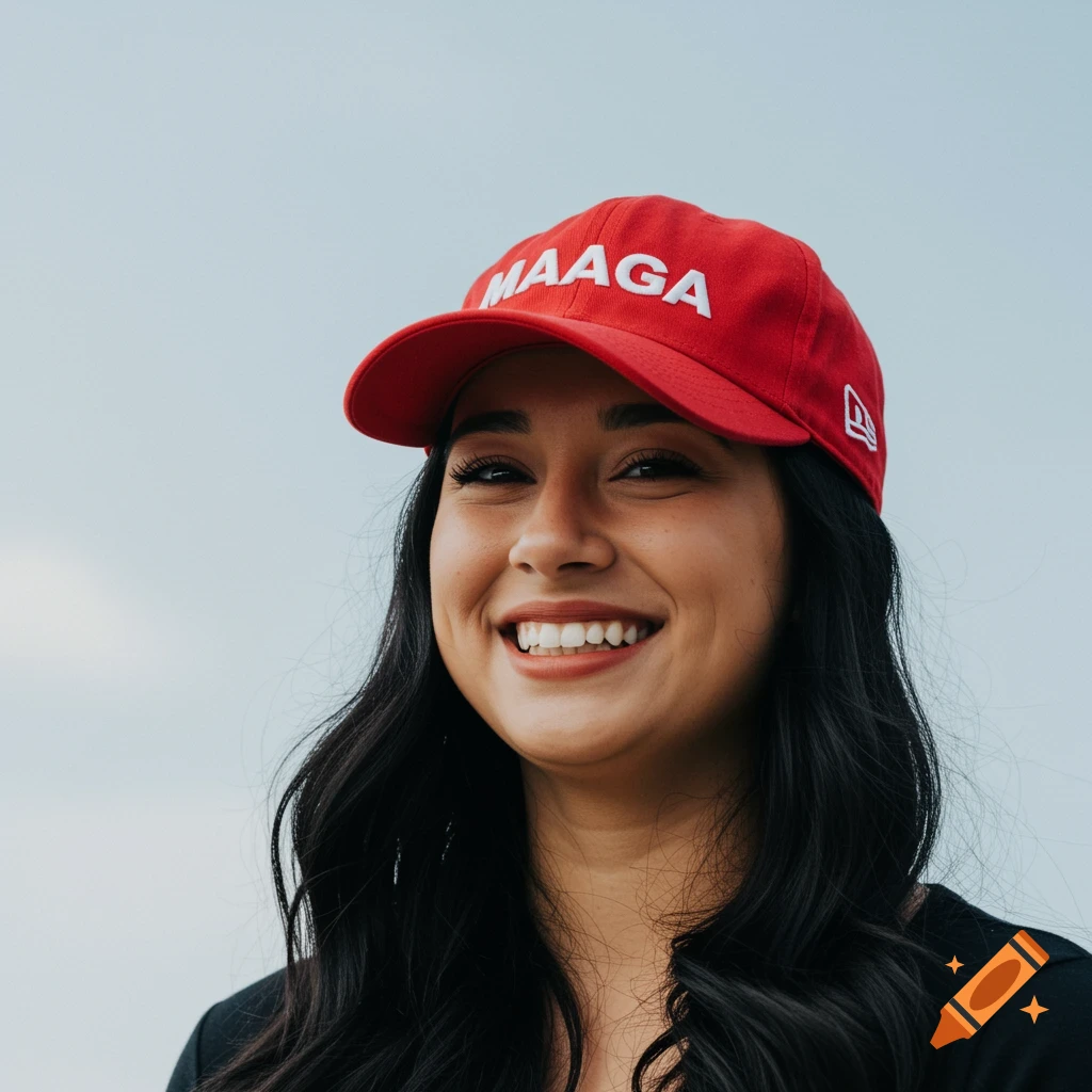 Young woman smiling wearing a red hat that says MAAGA on Craiyon