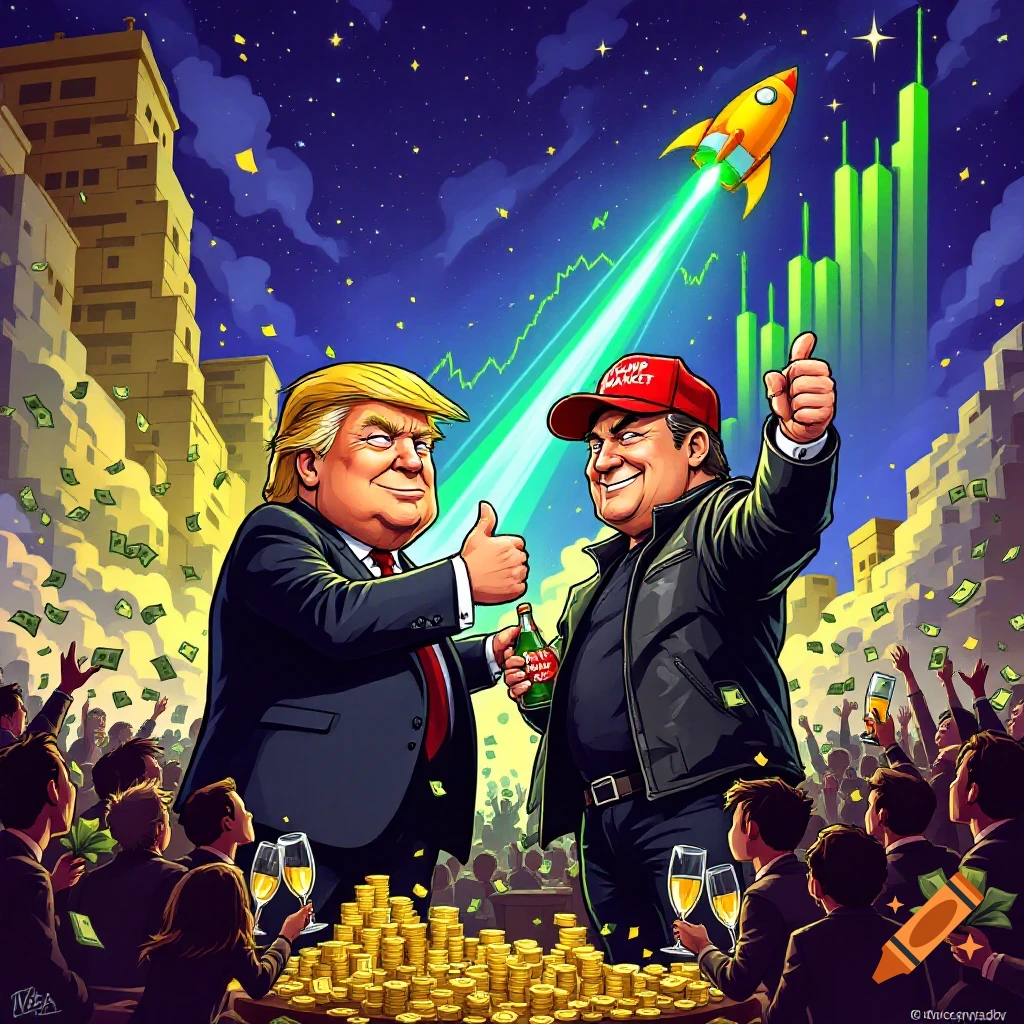 Cartoon of Trump and Jensen Huang pumping the stock market with Nvidia ...
