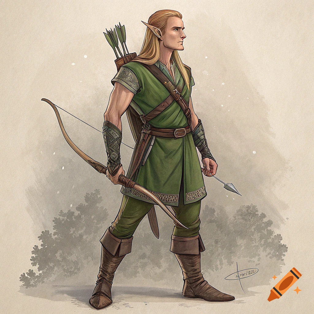 Illustration of a male elf in green fantasy clothing holding a bow and ...