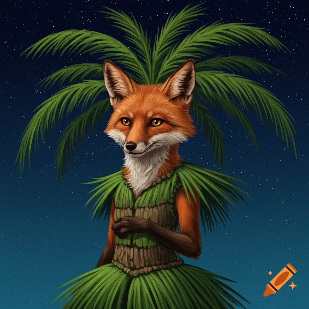 A fox dressed as a palm tree against a starry night sky. on Craiyon