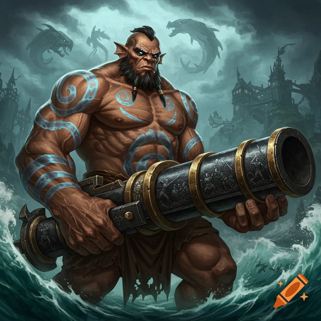Goliath with Sea Giant ancestry wielding a cannon on Craiyon