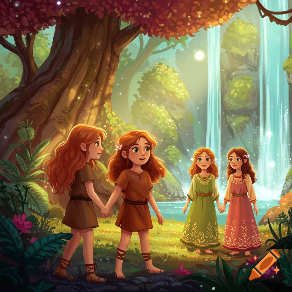 Four girls in simple and ornate dresses in a fantasy forest with a ...