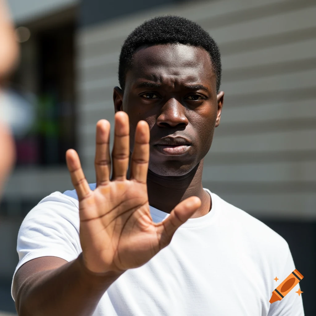 Close-up photo of a Black man holding his hand up palm forward on Craiyon