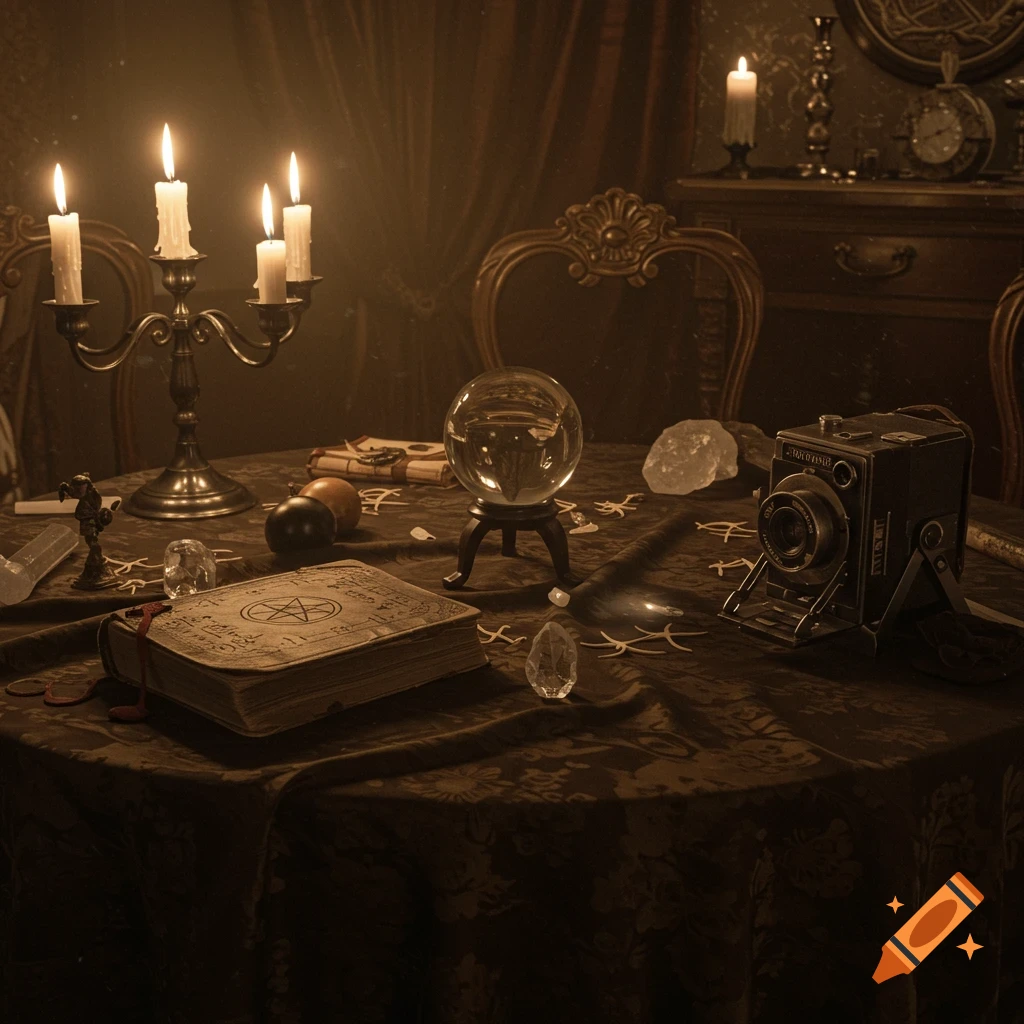 Vintage still life of occult items including a crystal ball, book with ...