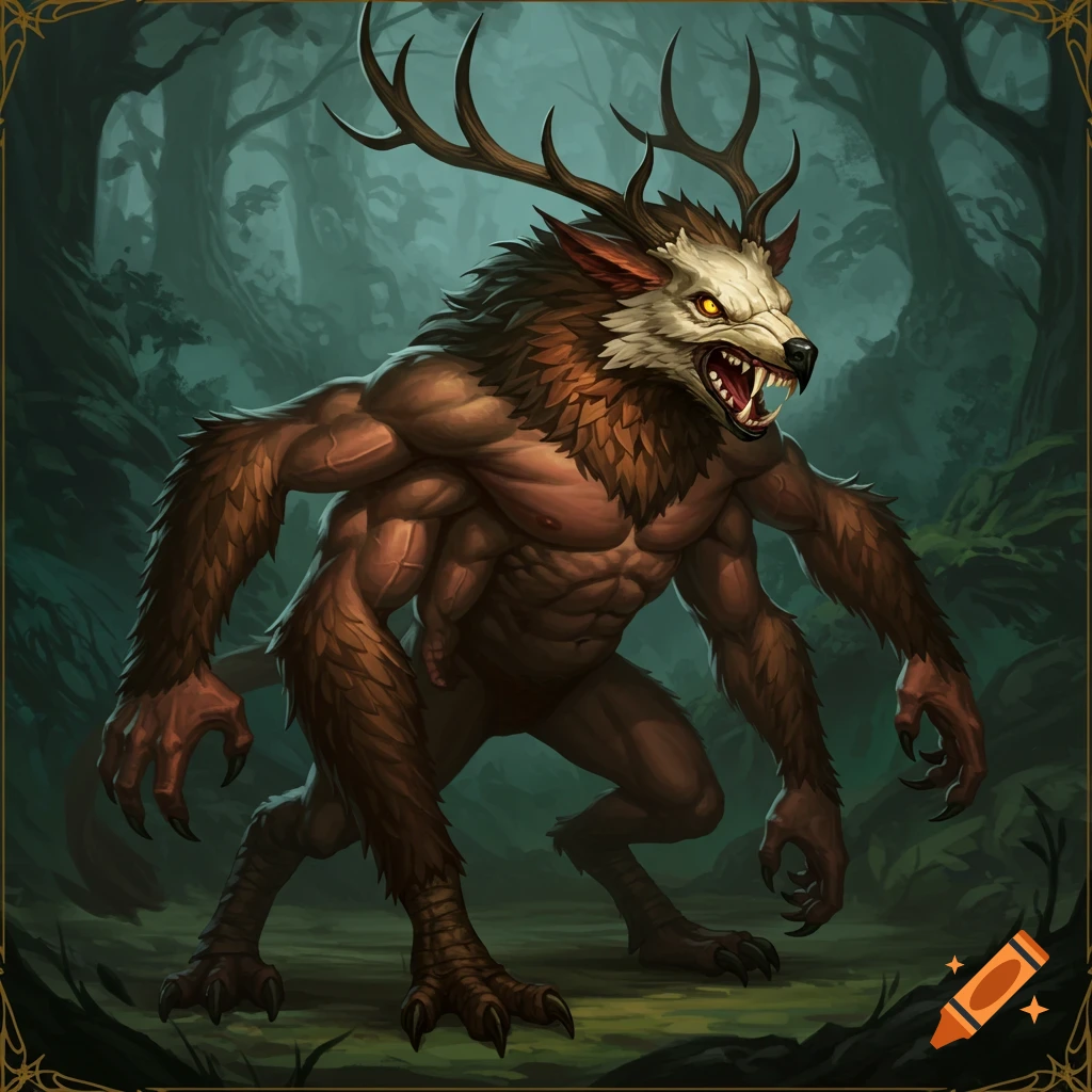 Griffon with human torso, six arms, four legs, antlers, and wolf head ...