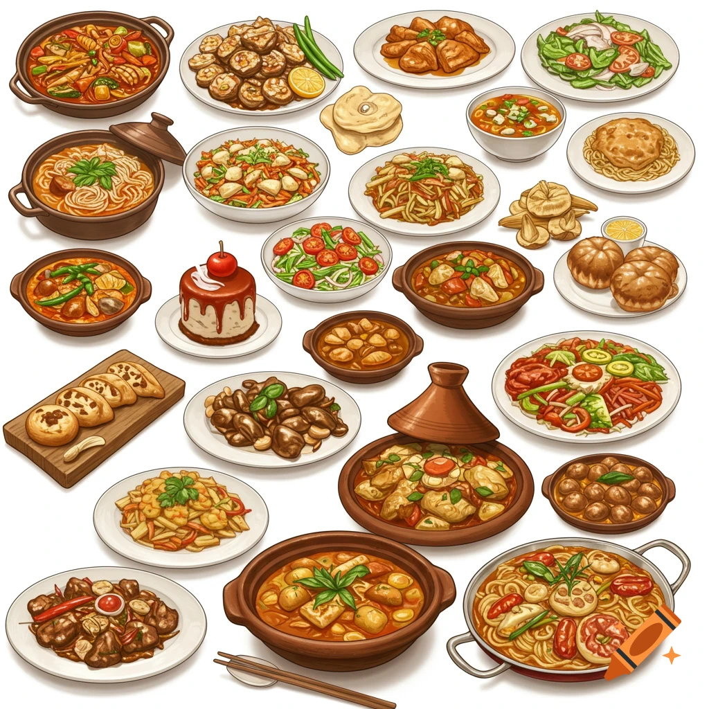 A top-down view showing a variety of food dishes in bowls and on plates ...
