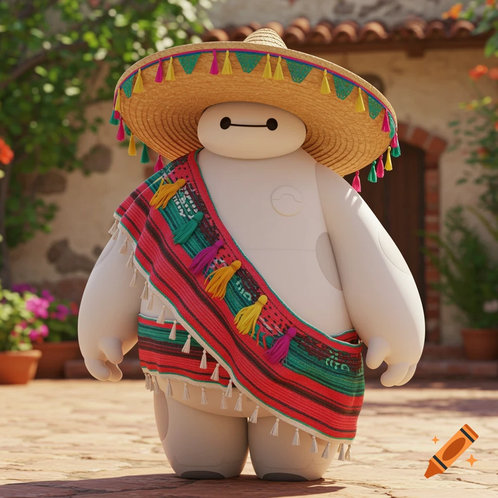 Baymax cartoon character wearing a sombrero and serape in a courtyard ...