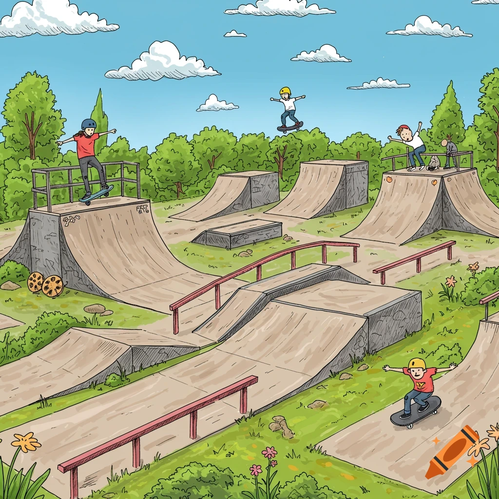 Cartoon illustration of people skateboarding in a busy skate park. on ...