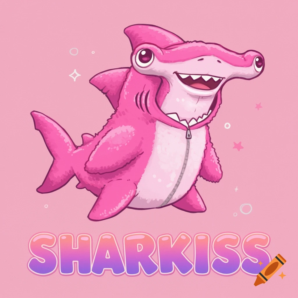 A cute cartoon pink hammerhead shark in a pink onesie with the word ...