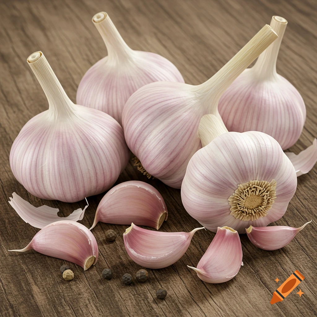 Photorealistic image of garlic bulbs and cloves on a wooden table. on ...