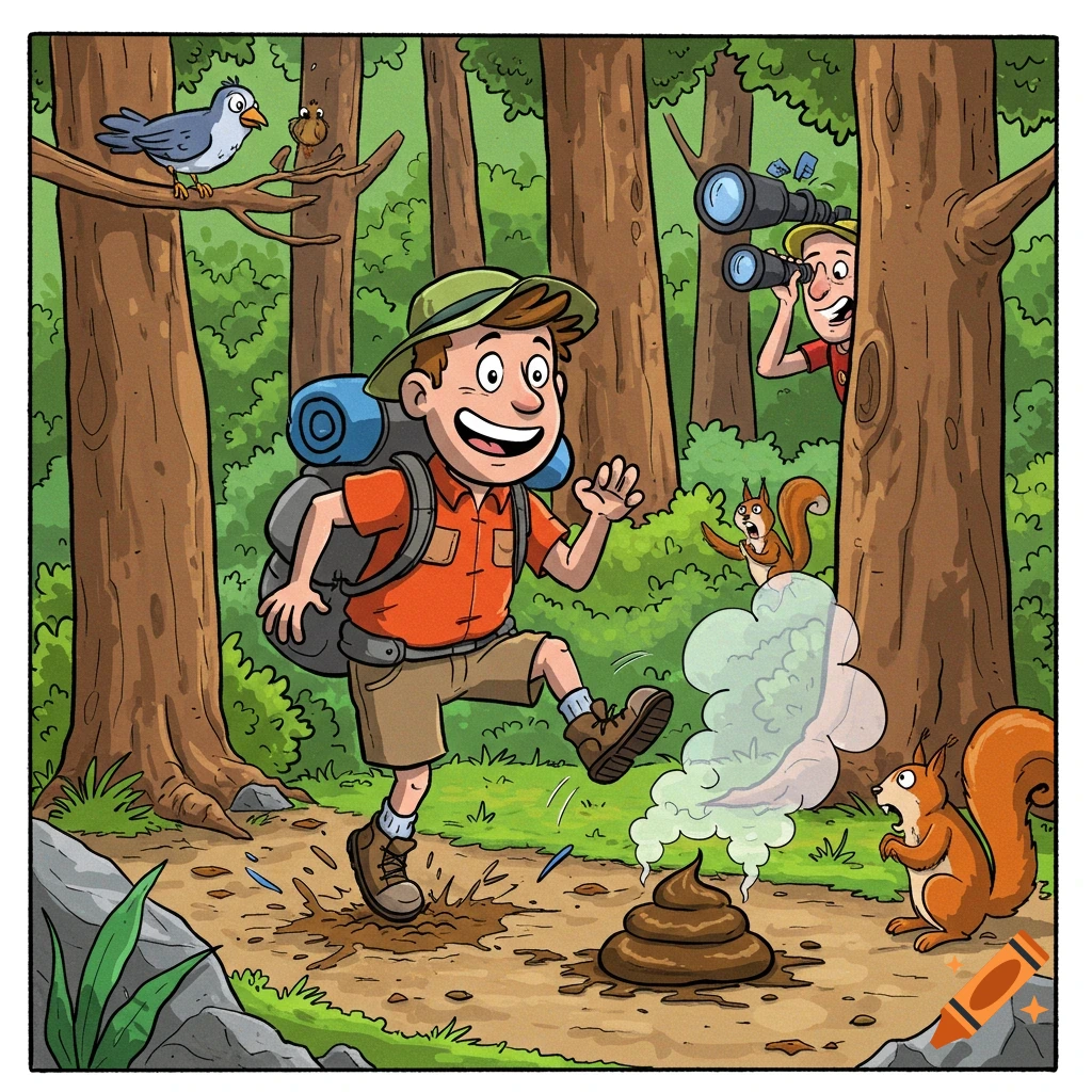 Cartoon hiker about to step in poop while watched by another person and ...