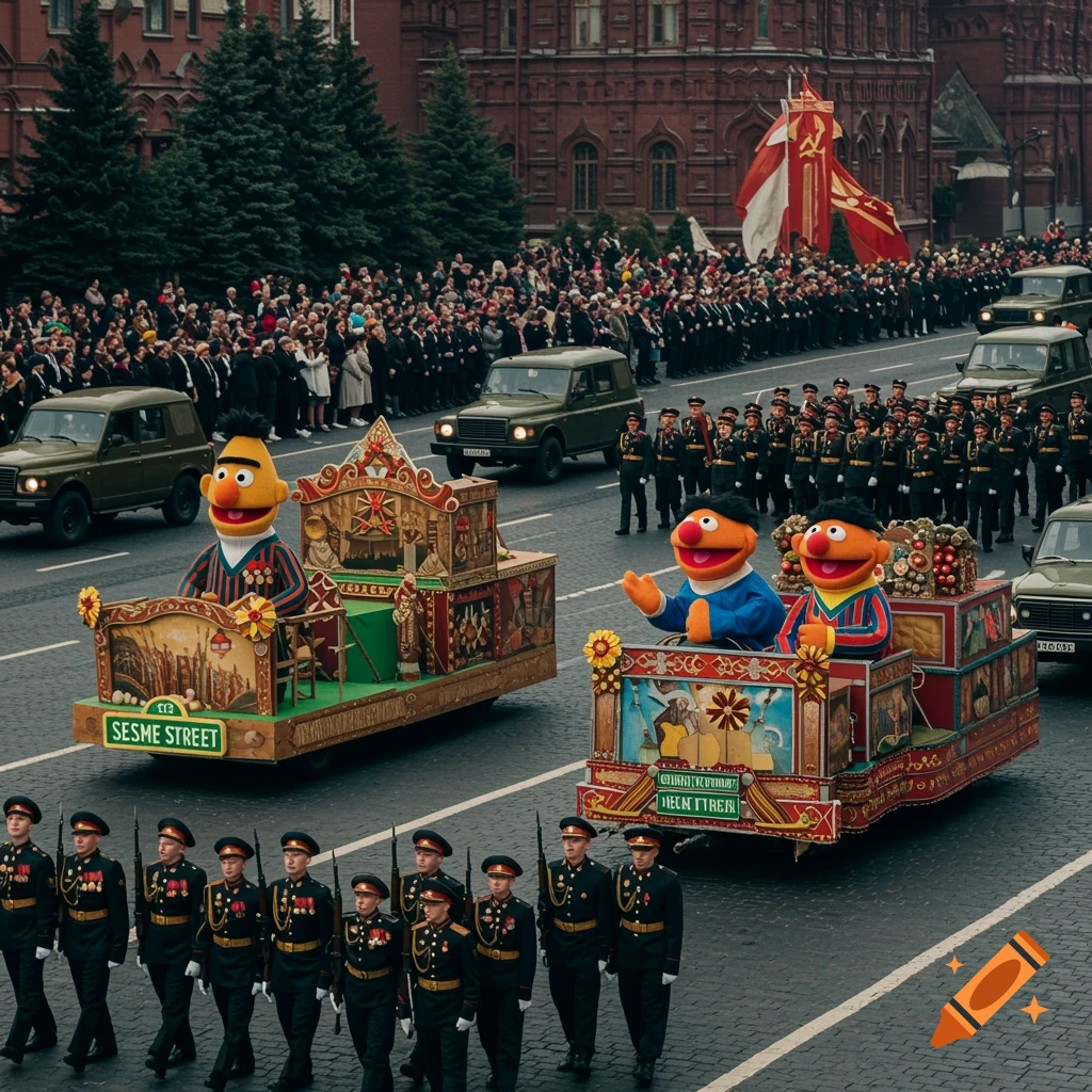 Bert and Ernie on elaborate parade floats in a Soviet-era military ...