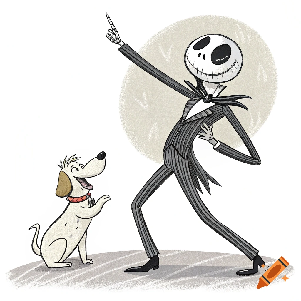 Cartoon of Jack Skellington pointing up while his dog Zero looks up at ...