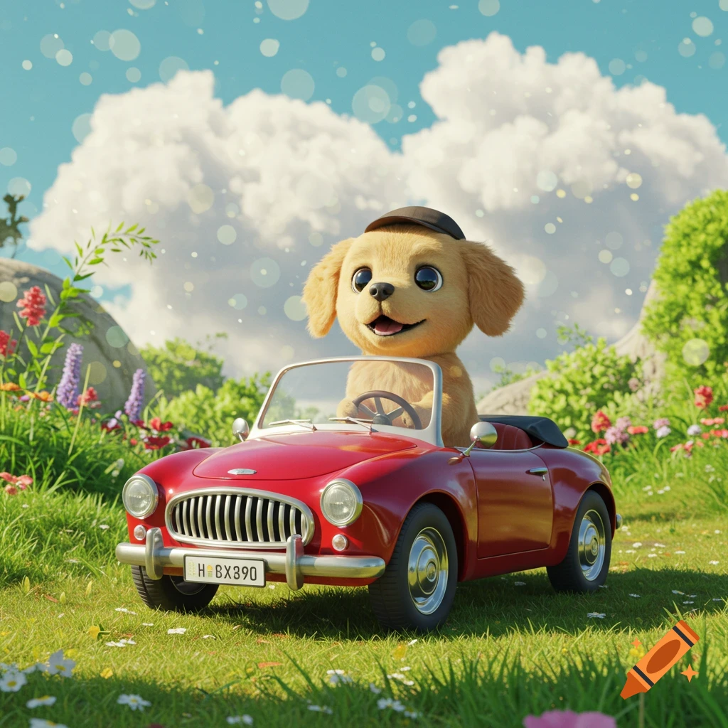 Cute animated dog driving a car in Studio Ghibli style on Craiyon