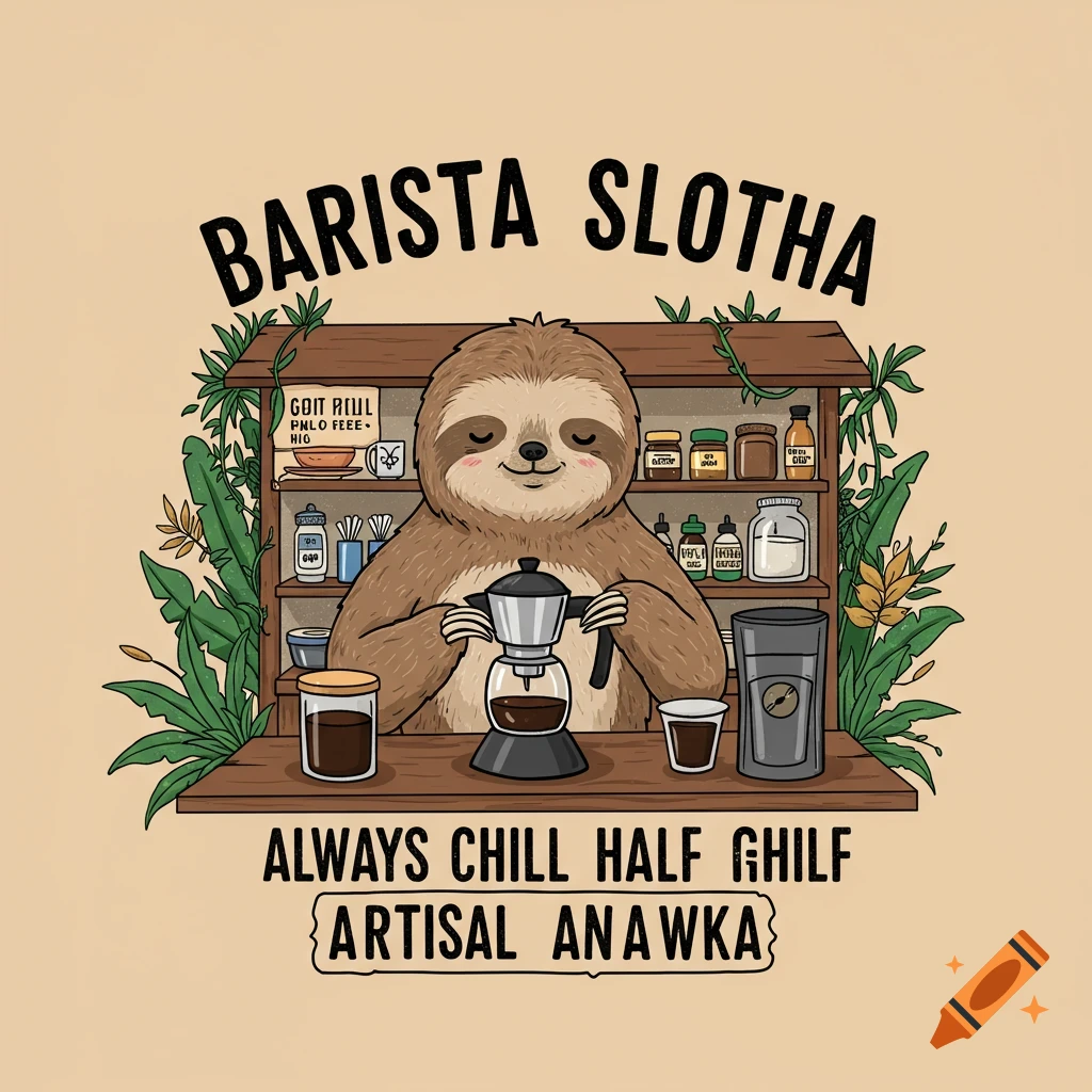 Barista Sloth making espresso in his jungle cafe on Craiyon