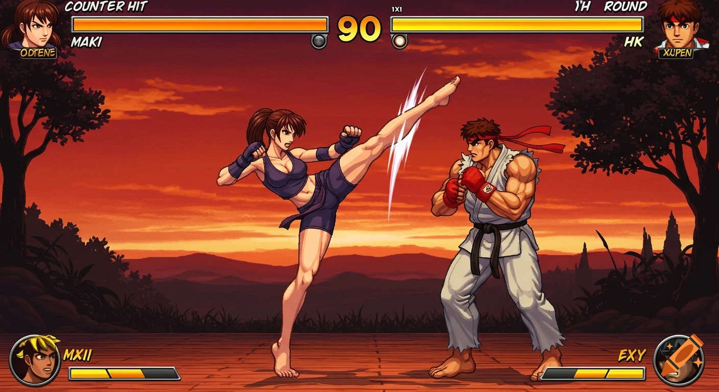 Maki high-kicking Ryu in fighting game with sunset background on Craiyon