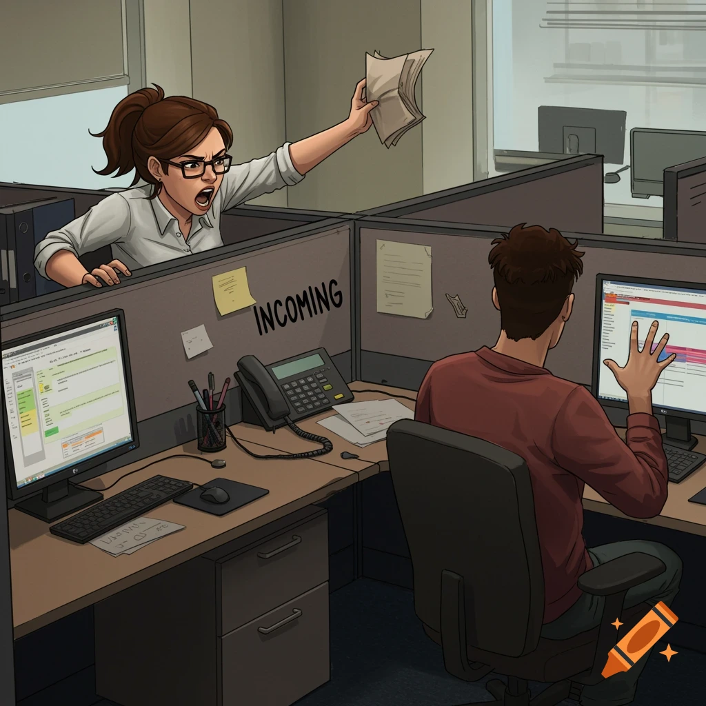 An illustration of a woman in an office cubicle yelling "INCOMING" as ...
