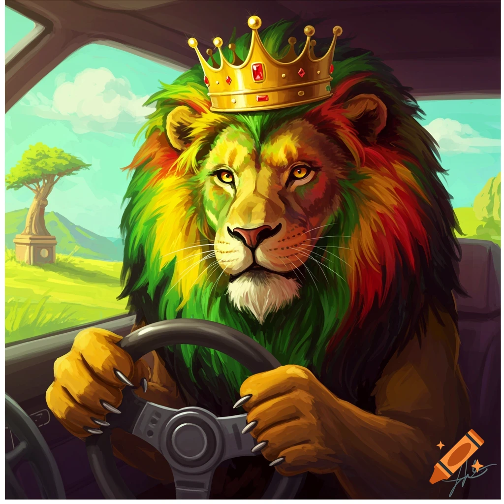 A vibrant cartoon-style image of a lion wearing a crown driving a car ...